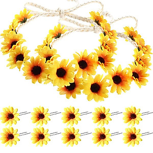 10 Pieces Sunflower Hair Clips Floral Hair Clips with 2 Pieces Sunflower Wreath Hippie Headband Sunflower Hairpins for Women Wedding Hair Accessories