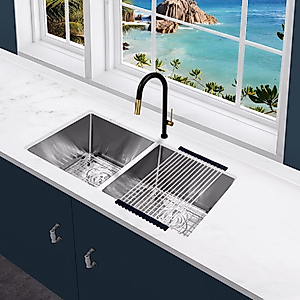 KABCO 18 Gauge 31 Inch Double Bowl Undermount Stainless Steel Kitchen Sink with 4 Pieces Sink Accessories, Rust Resistant Sound and Heatproof Laser Cut Tight Radius Sink for Indoor or Outdoor Kitchens
