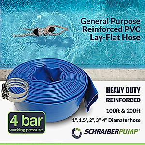 Schraiberpump 1-Inch by 100-Feet- General Purpose Reinforced PVC Lay-Flat Discharge and Backwash Hose - Heavy Duty (4 Bar) 2 CLAMPS INCLUDED
