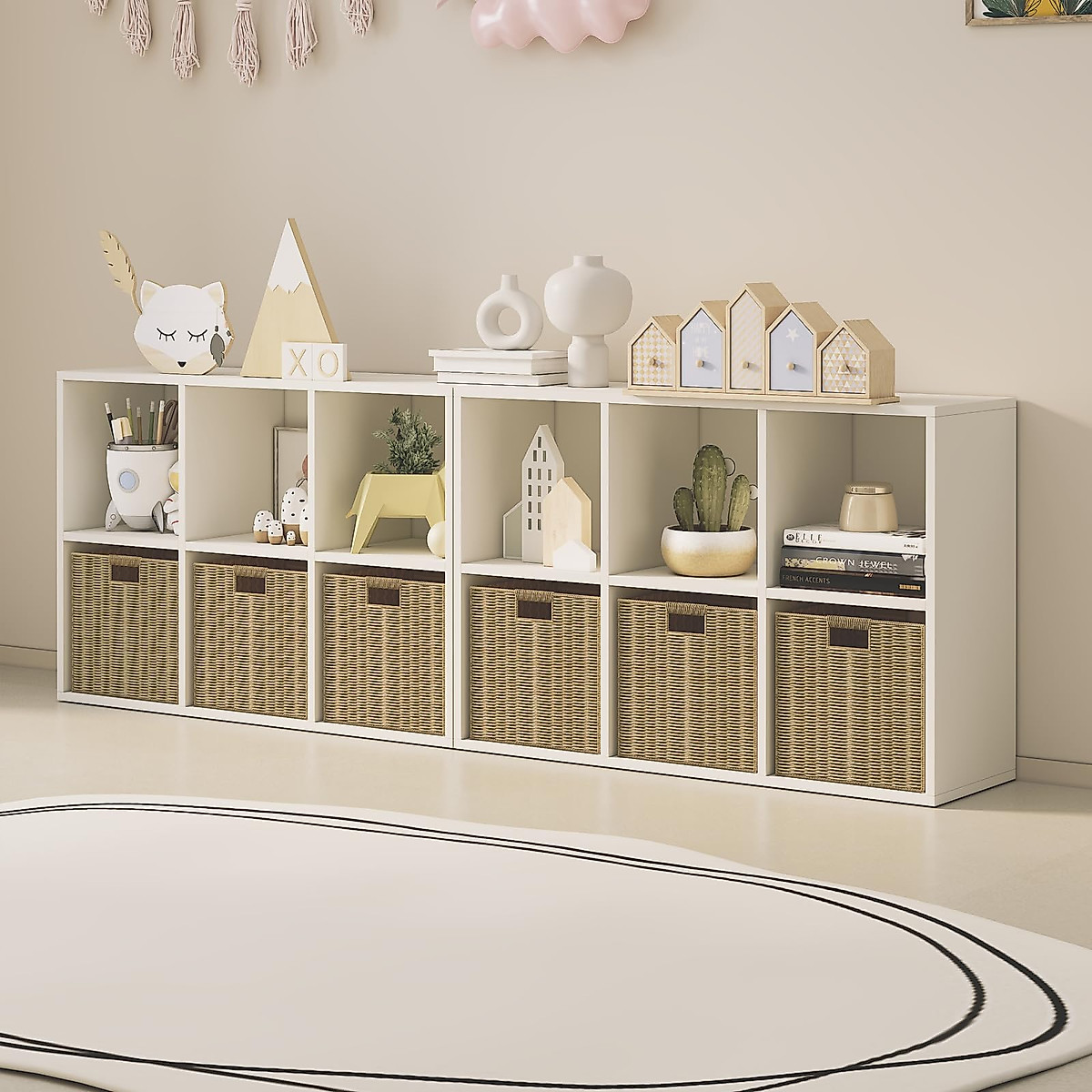 Foldable Storage Baskets with Handles Paper Rope Storage Baskets Rectangle Collapsible Hand Woven Storage Cubes Bins for Organizing Shelves Living Room Bedroom Pantry (4, 13'' x 13'' x 13'')