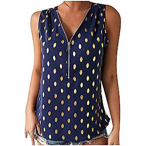 Tank Top for Women Zipper Tank Tops for Women V Neck Dressy Tunic Tops Dots Shirt Fashion Summer Outfits Casual Blouses Trendy Business Casual Outfits for Women Navy