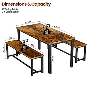 Recaceik Dining Table Set for 4, Kitchen Table Set with 2 Benches, 3 Piece Dining Room Table Set, Modern Wood Kitchen Table and Chairs for Small Spaces, Kitchen,Dining Room, Restaurant, Rustic Brown