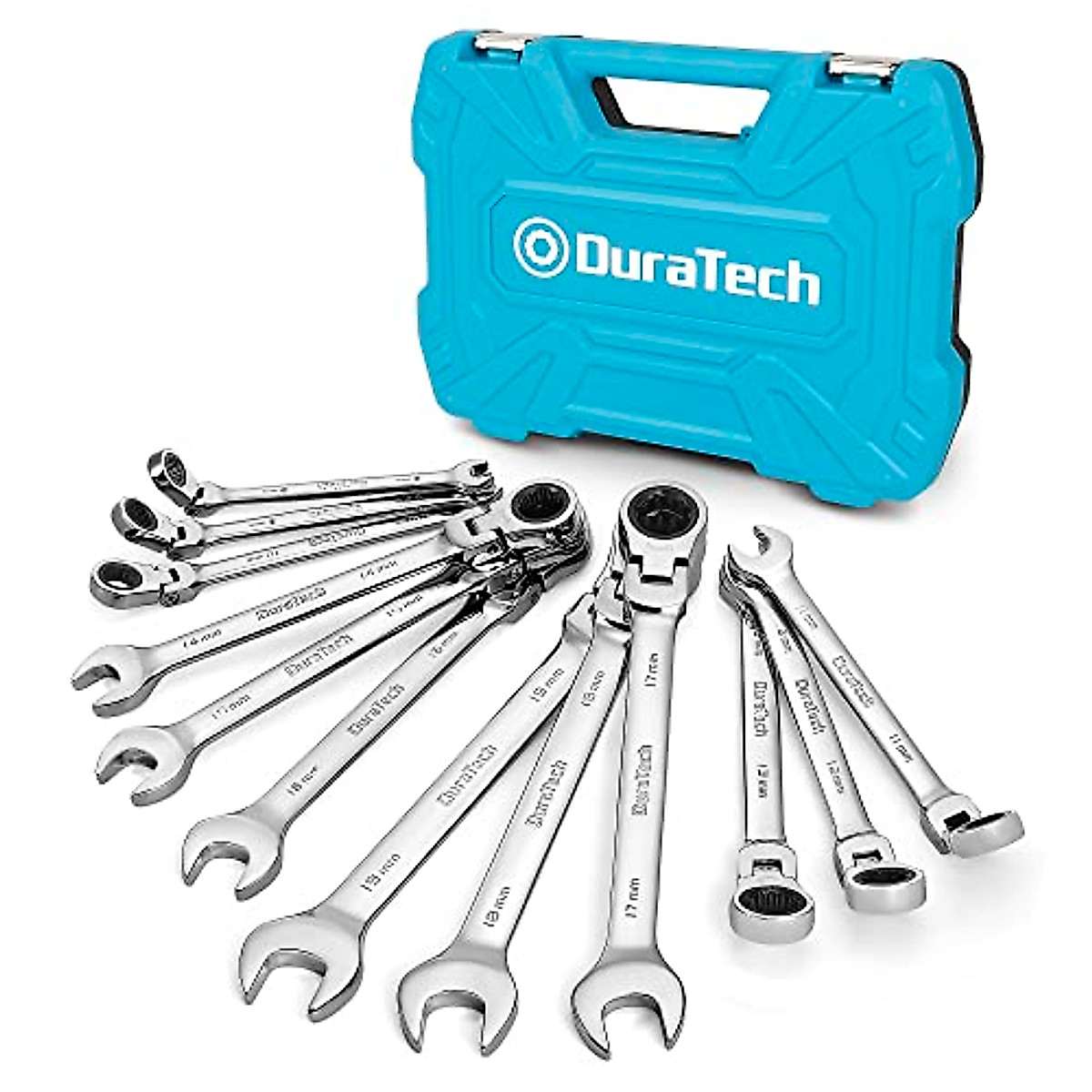 DURATECH 12-Piece Flex-Head Ratcheting Combination Wrench Set, 72-Tooth, Metric, 8-19mm, Cr-v Steel, Organized in Storage Case