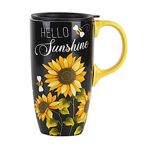 Topadorn Sunflower Ceramic Mug Coffee Cup with Lid and Matching Gift Box Latte Mug,17oz.Hello, Sunshine