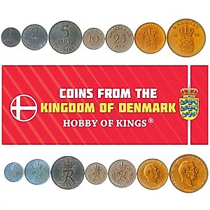 7 Coins from Denmark | Danish Coin Set Collection 1 2 5 10 25 Ore 1 2 Kroner | Circulated 1947-1960 | Frederik IX