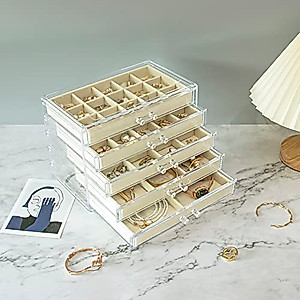 KAMIER Acrylic Jewelry Organizer,5 Layers Clear Acrylic Jewelry Box for Women,20 Pcs Portable Clear Jewelry Bag Set,Velvet Earring Display Holder for Earrings Ring Bracelet Necklace,Beige