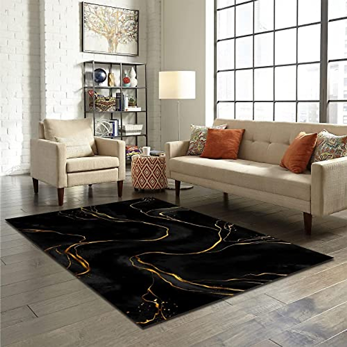 Black and Gold Marble Lines Kids Rug, Abstract Luxury Indoor Non-Slip Area Rugs, Machine Washable Breathable Durable Carpet for Front Porch Entryway Decor Doormats 5' by 7'