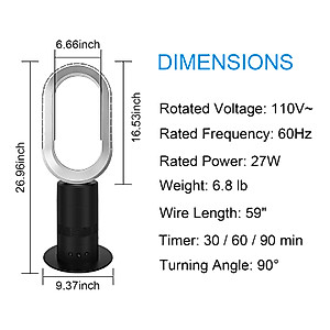 HealSmart 27 Inch Bladeless Tower Fan with Timing Closure and Remote Control, Low Noise Air Circulator Floor Fan for Home and Office Use, Adjustable Speeds & 90° Swivel , Black