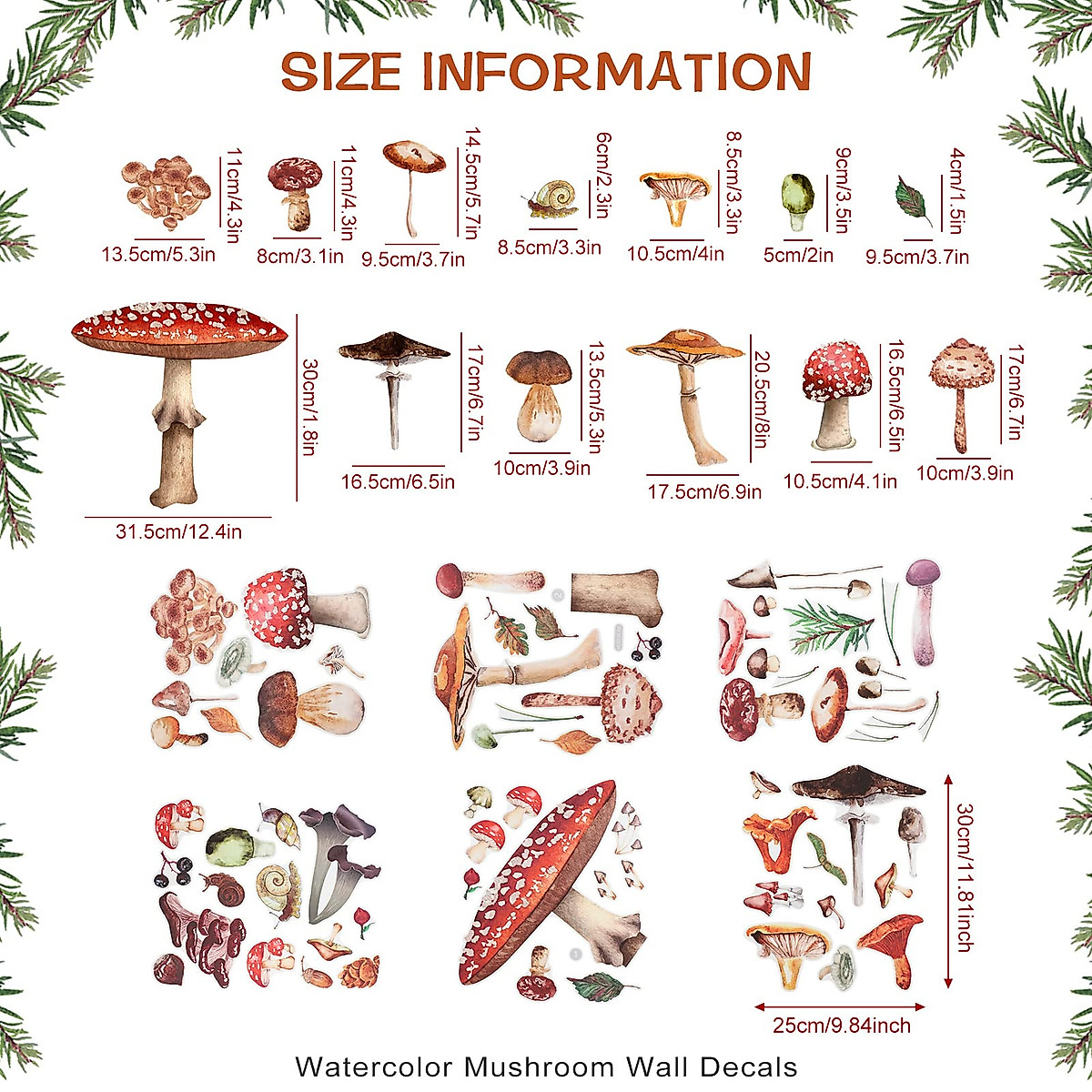 Glenmal 72 Pcs Watercolor Mushroom Wall Decals Giant Mushroom Decal Walls Peel and Stick Removable Mushroom Wall Decor Wallpaper Vinyl Wall Sticker for Bedroom Furniture(Retro Style)