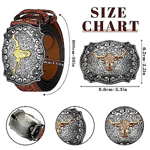 Jadive Western Leather Buckle Belts Cowboy Longhorn Bull Pattern Buckle Belt Floral Engraved Buckle Belt for Men (Camel, 45 Inch)