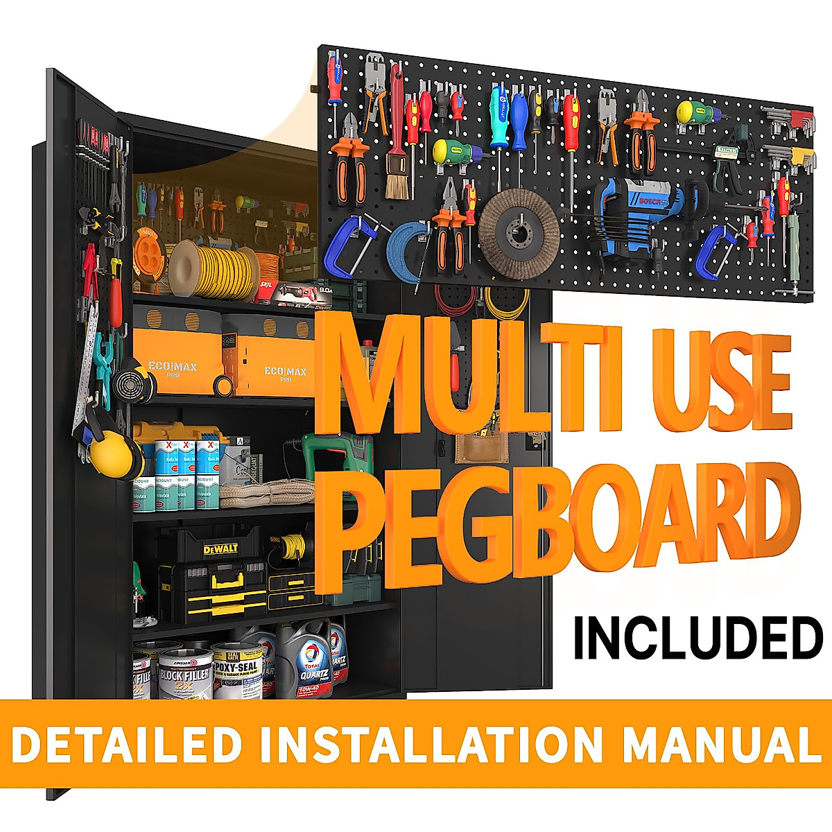 Upgraded Tall & Wide Metal Storage Cabinet with Doors & 4 Adjustable Shelves | Heavy-Duty Black Lockable Garage Cabinet with Wheels & Pegboard for Office, Gym, Basement, Warehouse (Black)