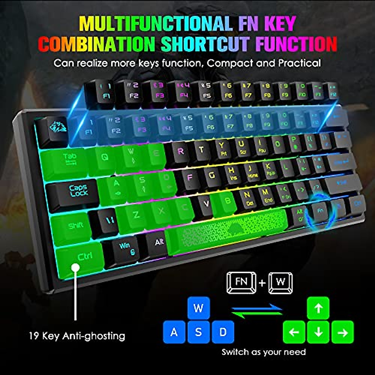 Gaming Keyboard and Mouse Combo Mini Portable with Chroma RGB Backlit Ergonomic 62Key Layout 19Key Anti-ghosting Mechanical Feel 3200DPI Honeycomb Mice USB Wired for PC Mac Gamer Laptop Typists(Black)