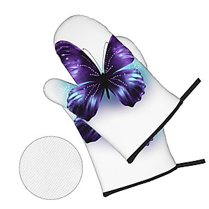Oven Mitts and Pot Holders Set of 4 Blue Purple Butterfly Print Kitchen Oven Glove Fashion Heat Resistant Oven Gloves Set for BBQ Grill Baking Cooking Oven Microwave