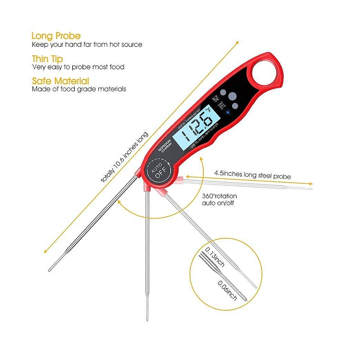 GordonChann Instant Read Meat Thermometer Waterproof Thermometer with Large Backlit LCD Calibration and Backlight Functions Thermometer for BBQ. Meat. Tea. Milk. Soup. (red)