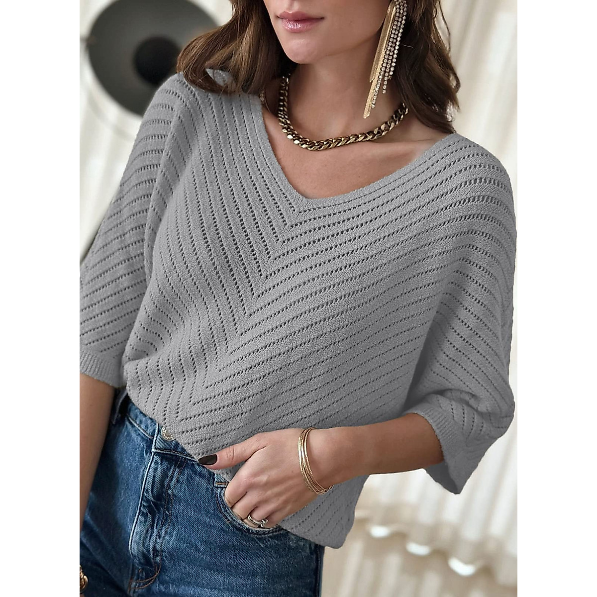 Dokotoo Womens Ladies Summer Fall V Neck 3/4 Short Sleeve Loose Pullover Knit Sweater Tunic Tops and Blouses Solid Color Casual T-Shirts Work Business Loose Shirts Grey Small