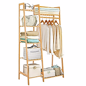 Jotsport Bamboo Clothes Rack with 7 Tier Storage Shelves Clothing Hanging Stand for Small Spaces Children's Wardrobe Closet, Multifunctional Plant Stand