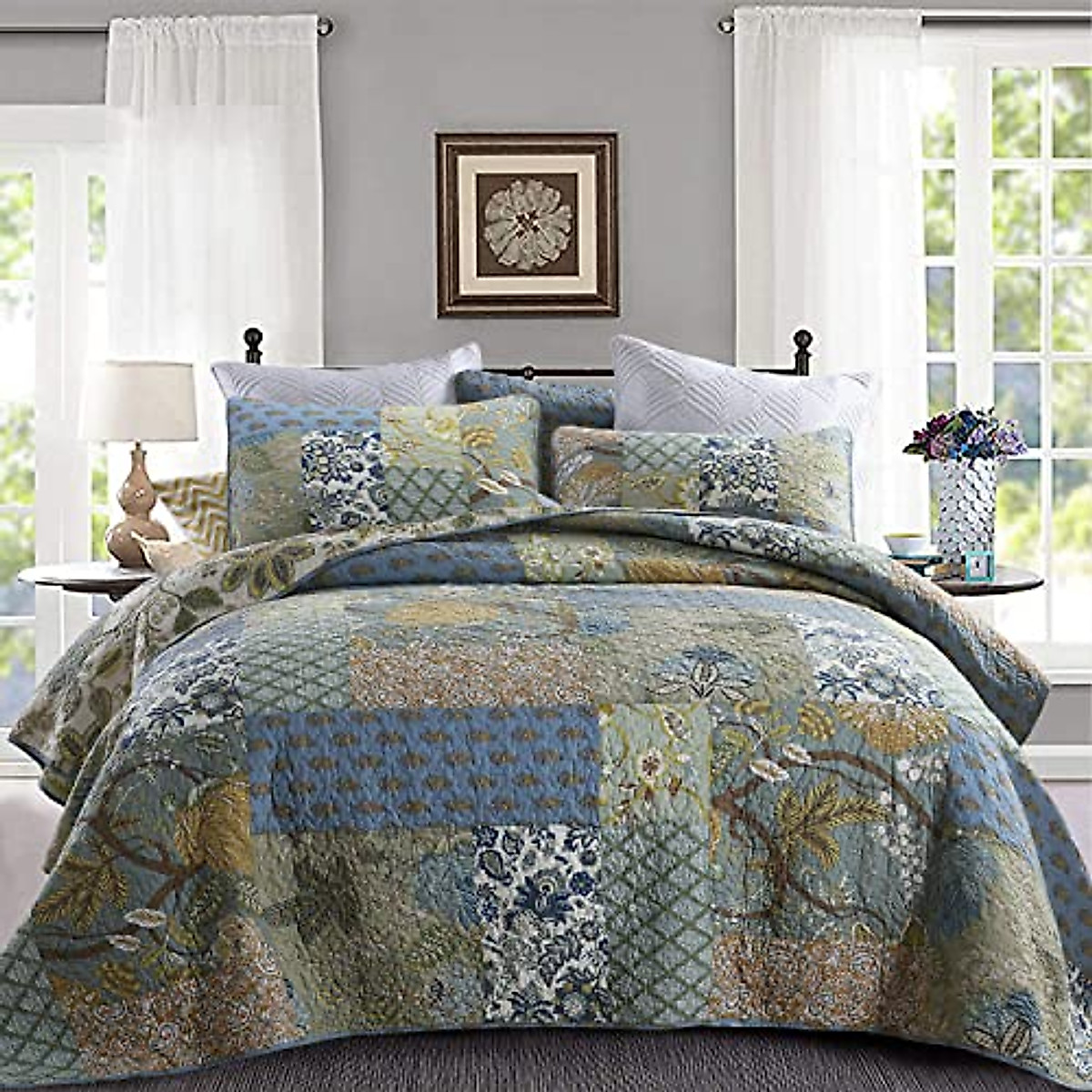 Yvooxny Quilt Set California King Bedspread Oversized Quilt Reversible Green Farmhouse Garden Coverlet Real Patchwork Quilt Set for All Seasons, Bohemian Floral Pattern, California King Size
