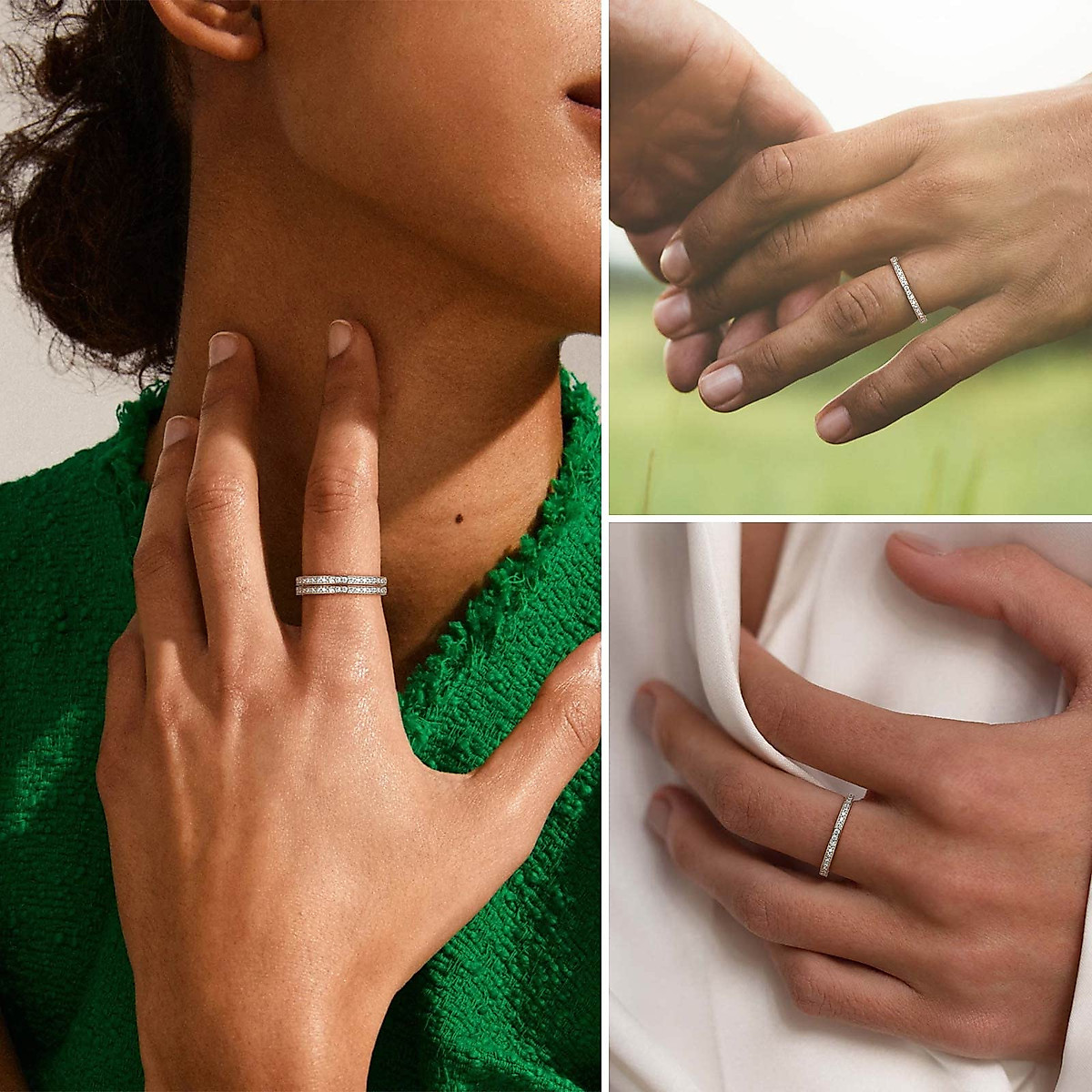 FindChic Sterling Silver Wedding Band Rings for Women, Thin CZ Stackable Eternity Ring, Fake Diamond Ring Size 7 Bling Jewelry