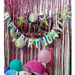 CareCheer Pre-Strung Happy Birthday Sign - NO DIY - Holographic Hanging Banner Iridescent White Bunting String Flag Garland for Party Decorations