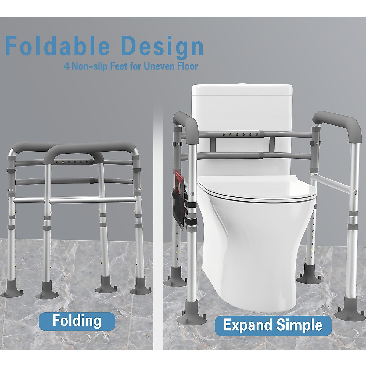 Delog Toilet Safety Rails, Adjustable Toilet Safety Frame for Elderly, Seniors, Handicap & Disabled, Toilet Frame with Handles, Foldable Handicap Toilet Rails Fit Any Toilets 400 LB