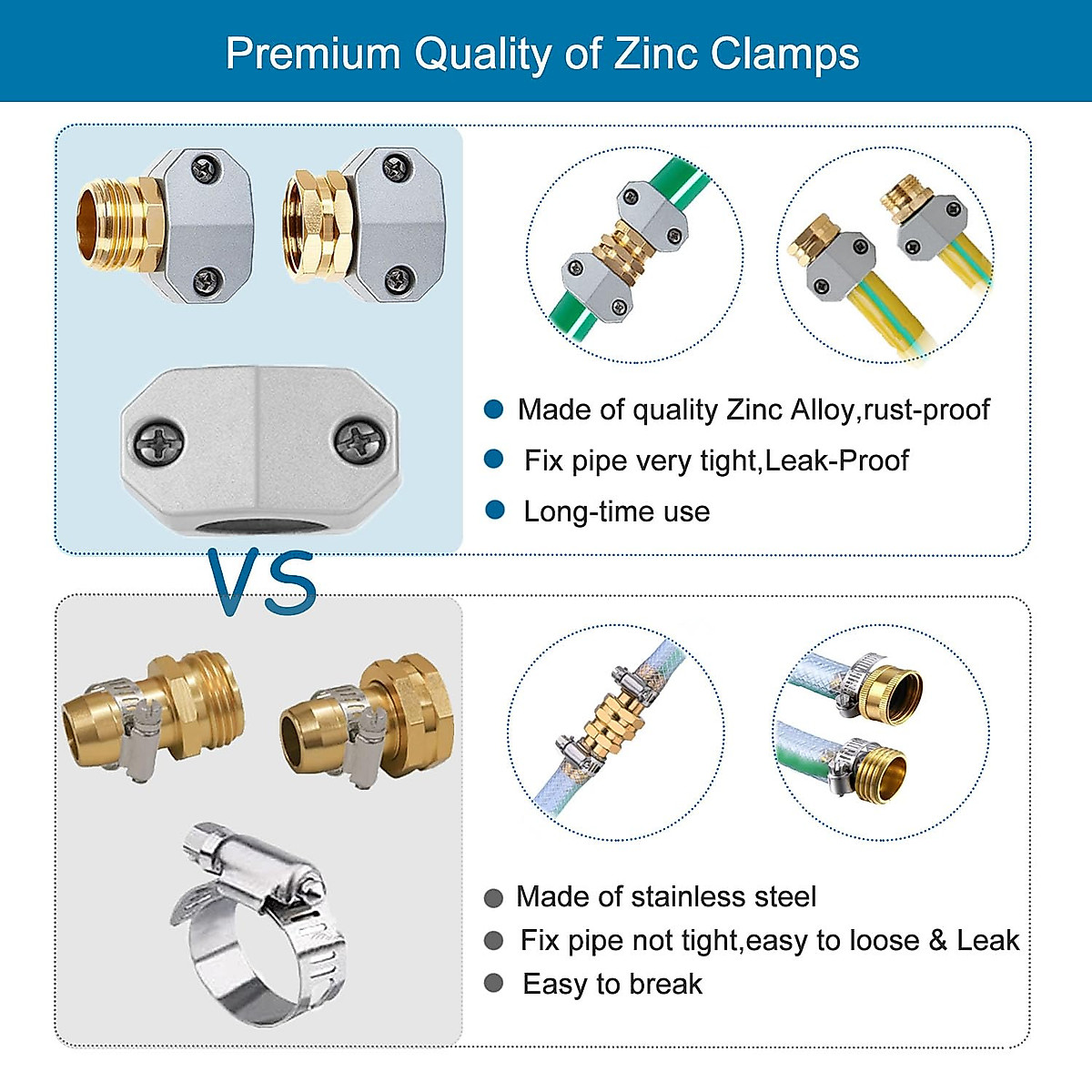 FINEST+ (4 Sets) Garden Hose Repair Connector Fitting, Aluminum Female and Male With Zinc Clamp Water Hose End Repair Connector Fit 3/4 Inch or 5/8 Inch Garden Hose