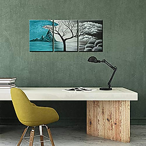 iKNOW FOTO 3pcs Grey and Teal Canvas Wall Art Abstract Cloud Tree Pictures Contemporary Landscape Giclee Artwork Painting Decorative Panels for Walls Bathroom Master Bedroom Decor 12x16inchx3pcs