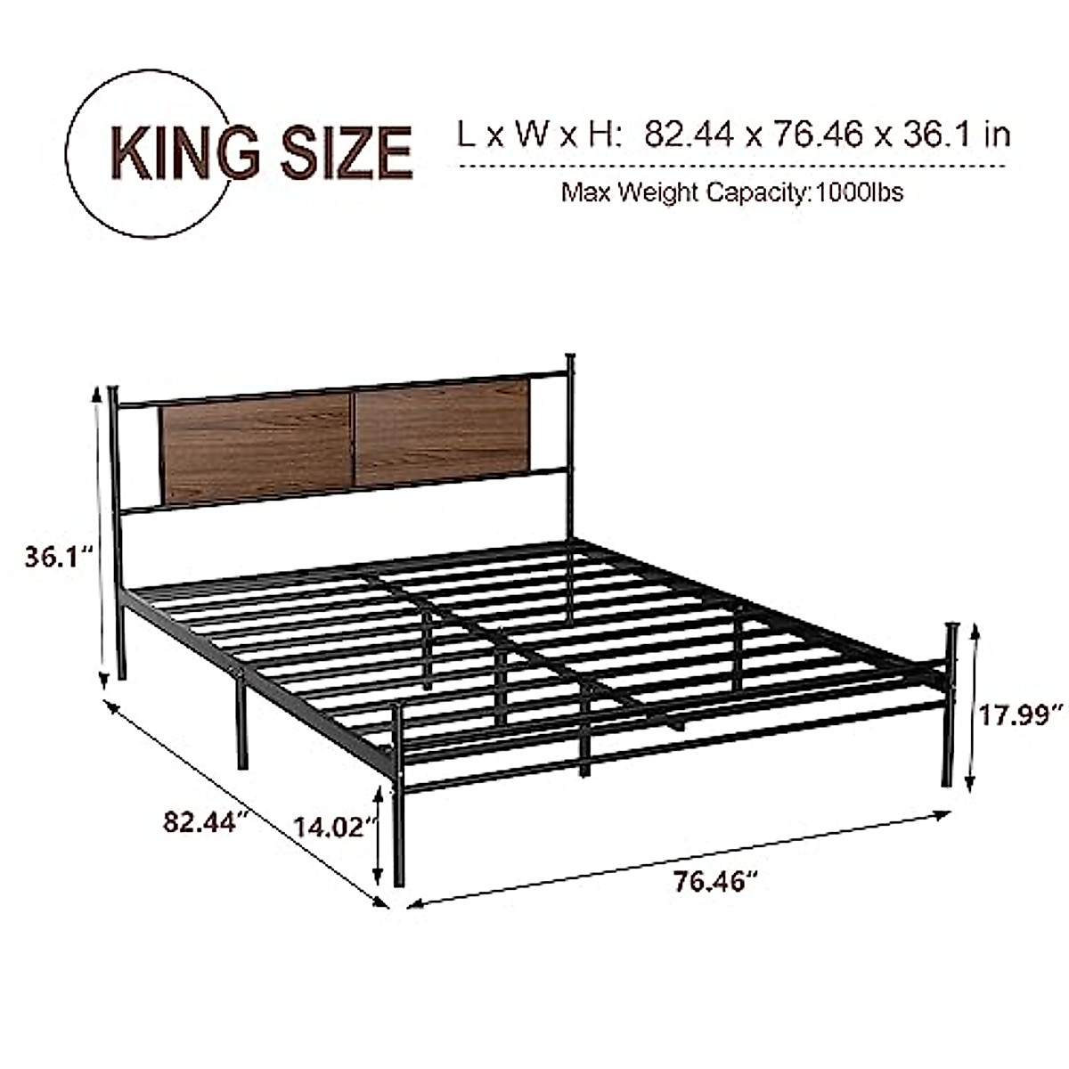 HAOARA King Size Bed Frame with Rustic Wood Headboard, Metal Heavy Duty Platform Frame, Sturdy Steel Slat Support, No Box Spring Needed, Black