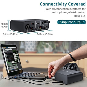 USB Audio Interface 2 In 2 Out with 48V Phantom Power,YGiTK USB-C Audio Interface for PC/Win/Mac Recording, Streaming and Podcasting, Audio Box (Microphone Cable Included)