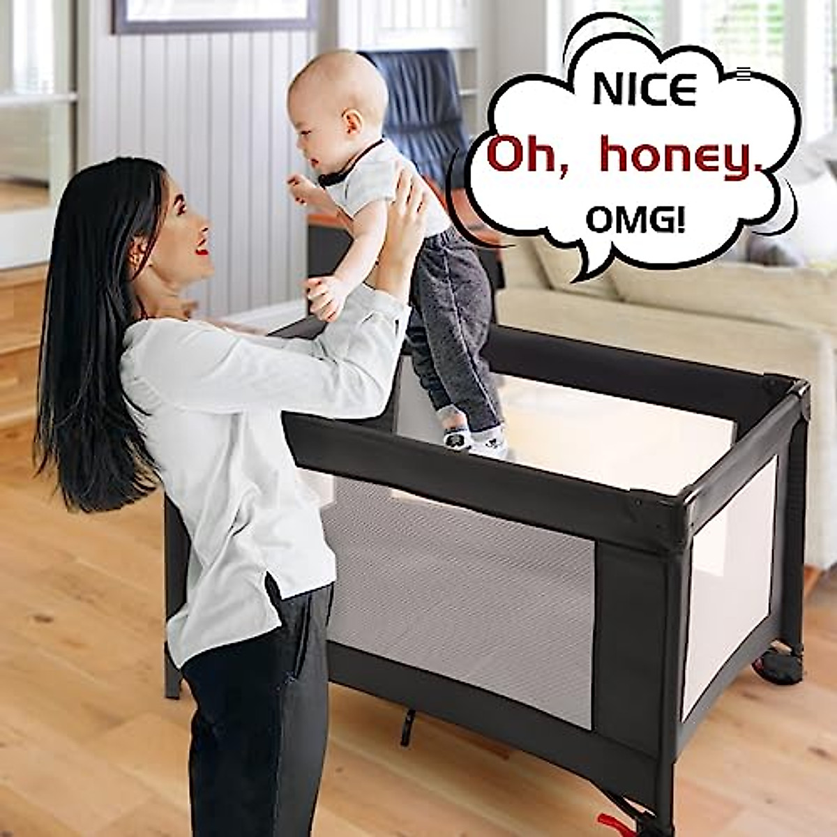 Portable Baby Playpen, Xhakchik Foldable Toddler Playard, One-Press Open Black Crib with Soft Mat and Mesh Sides for Safety and Comfort - Lightweight Travel Crib Playpen for Babies and Toddlers