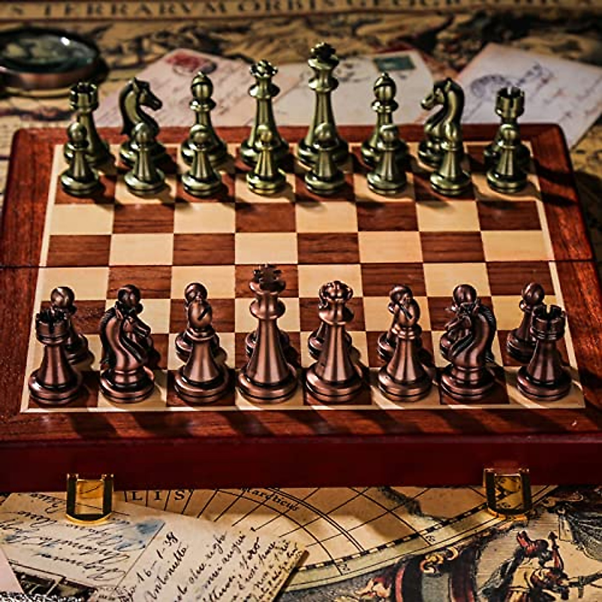 12 Inches Chess Set with Folding Wooden Chess Board and Classic Handmade Standard Pieces Metal Chess Set for Kids Adult