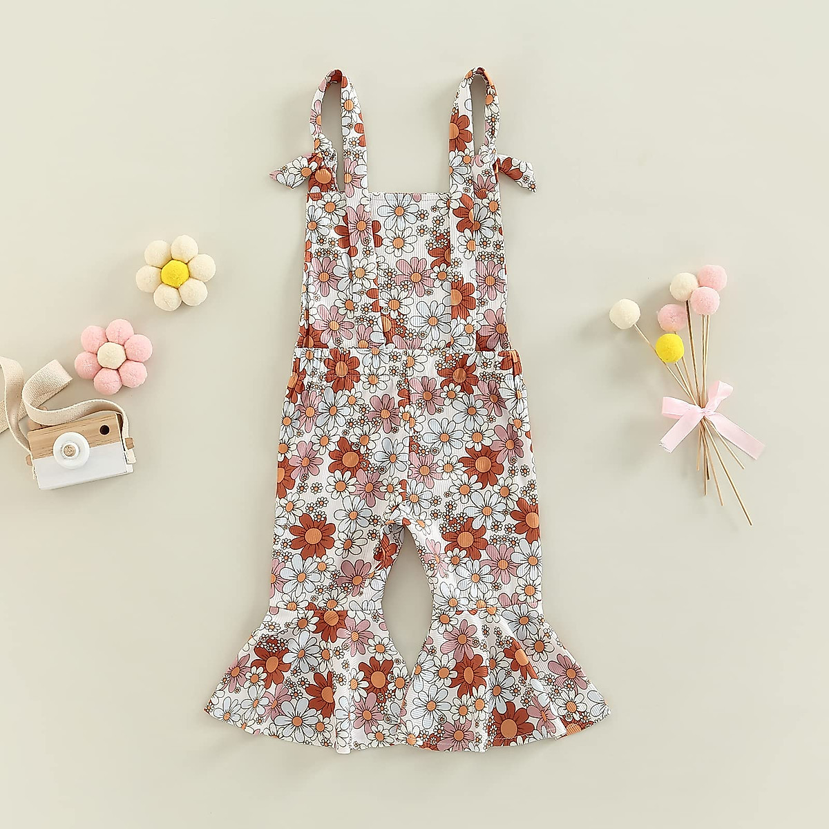 Infant Toddler Baby Girl Romper Jumpsuit Sleeveless Halter Floral One Piece Outfit Bell Bottom Overalls Summer Clothes (White, 12-18 Months)