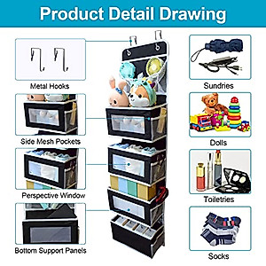 Aeeteek 1 Pack Hanging Closet Organizer 5-Shelf Over The Door Shoe Organizer Wall Mount Storage Bag Containers 49.2 * 13 * 5.5 Inches Large Capacity Collapsible Shelves Drawers (Black)