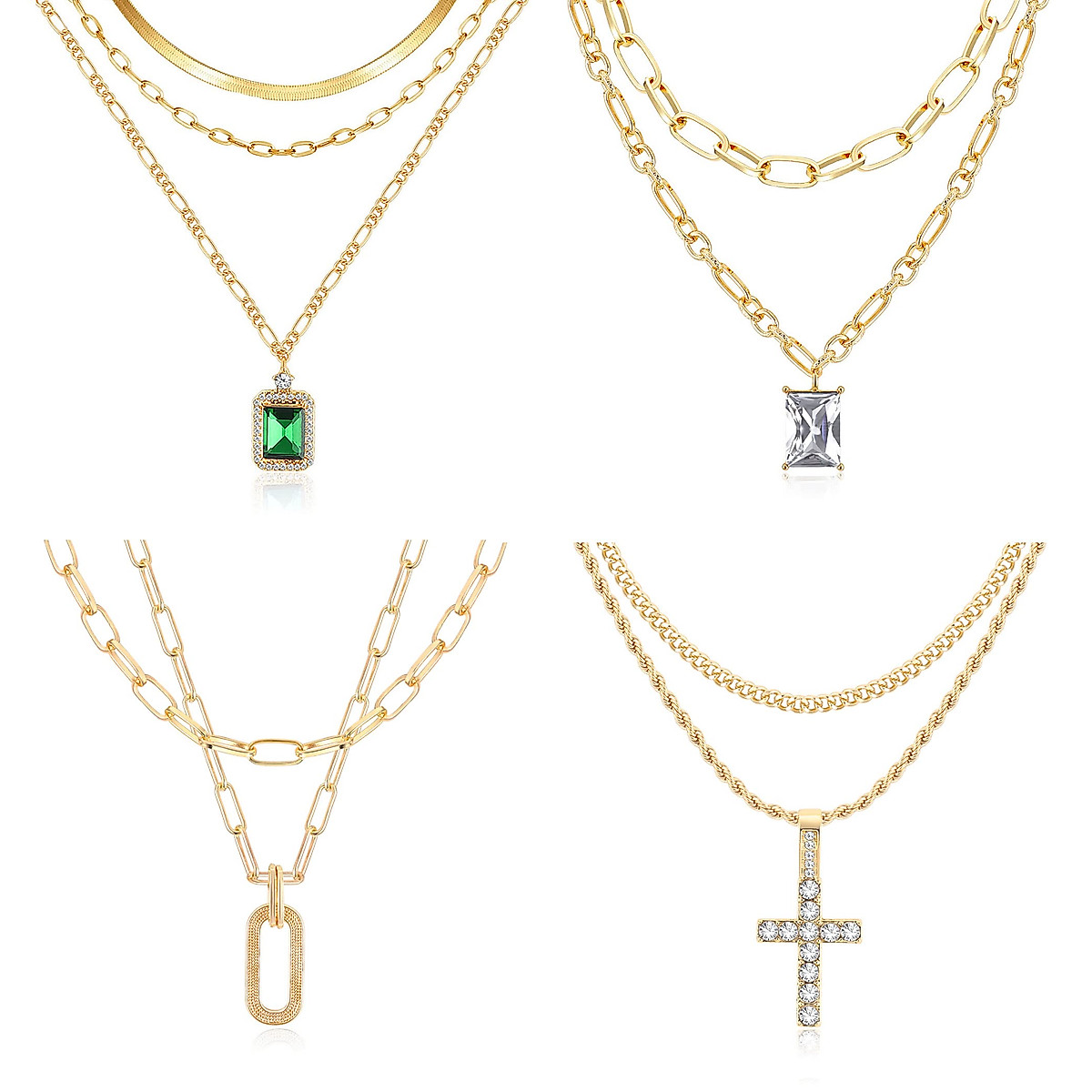 LOYALLOOK 9Pcs 14K Gold Plated Paperclip Herringbone Snake Figaro Chain Link Layered Choker Necklaces Paperclip Emerald Crystal Pendant Layering Necklace Cuban Link Rope Chain Cross Necklaces Gold Tone