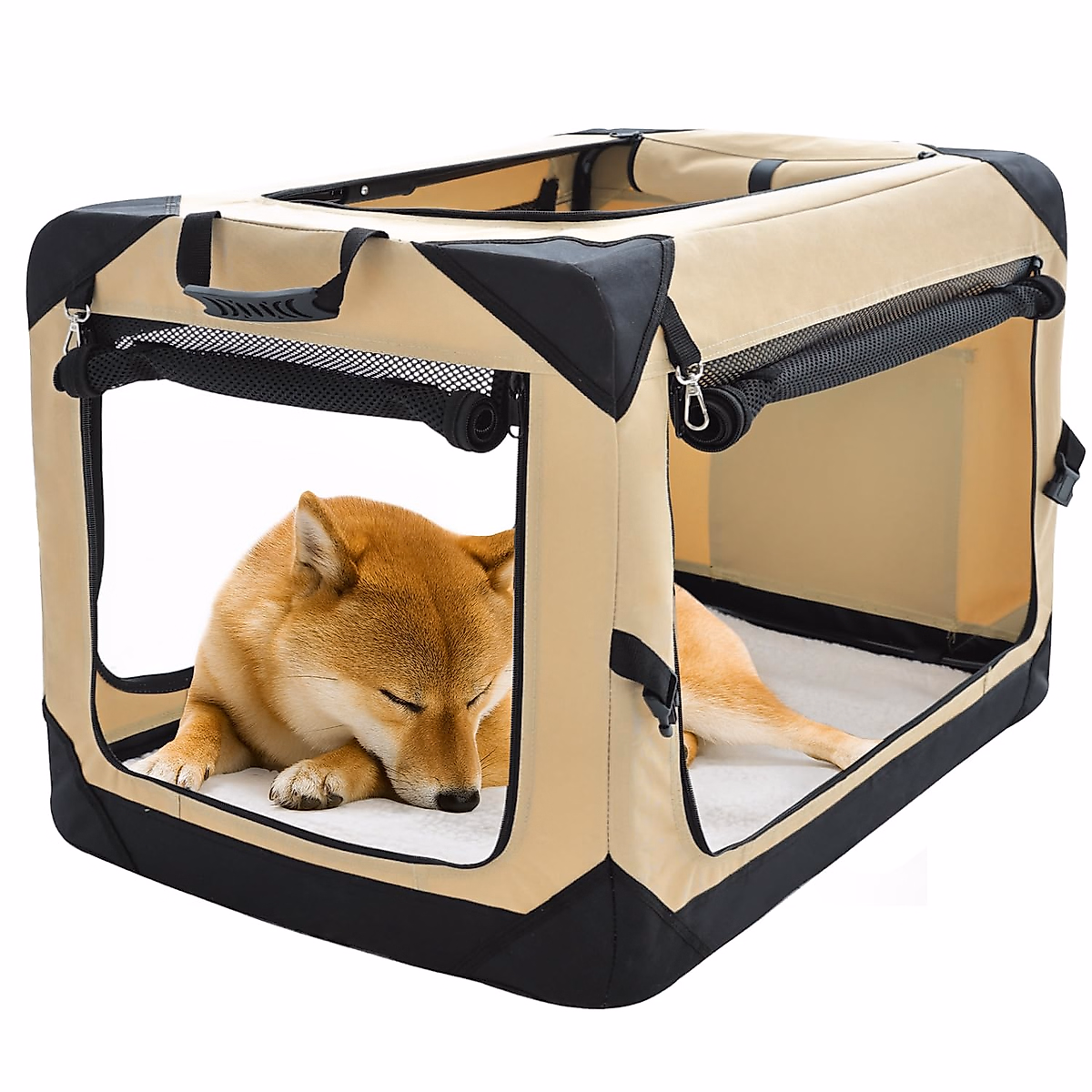 Pettycare 30 Inch Collapsible Dog Crate for Medium Dogs, 4-Door Foldable Soft Dog Kennel with Chew Proof Mesh Windows, Indoor & Outdoor Travel Dog Crate, Soft Side Dog Crate,Beige