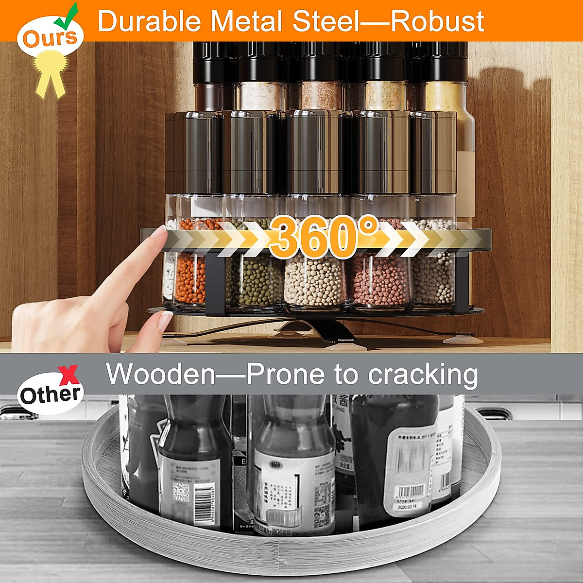 2 Tier Lazy Susan Organizer Metal Steel, Turntable Organizer for Table, Rotating Spice Rack Organizer for Cabinet Pantry Kitchen Countertop, Non Skid Suction Base, 10 inch, Black