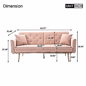 SLEERWAY Velvet Futon Sofa Bed with 5 Golden Metal Legs, Sleeper Sofa Couch with Two Pillows, Convertible Loveseat for Living Room and Bedroom, Pink