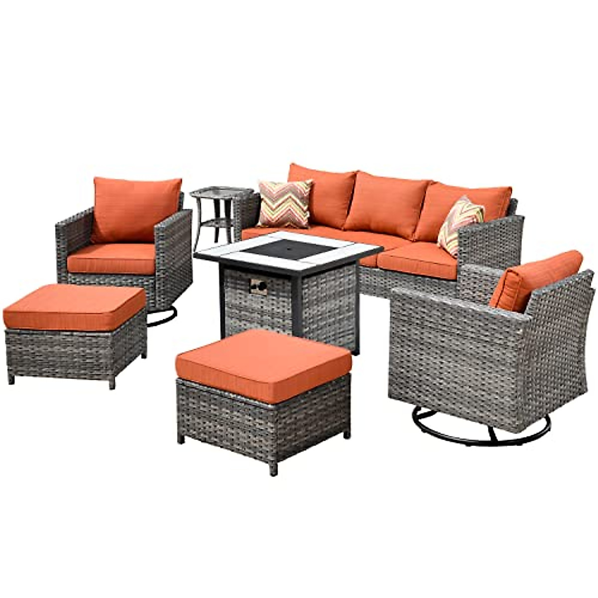 ovios Patio Furniture Set 7 PCS Outdoor Wicker Rattan Sofa Set with 360 Degree Swivel Rocking Chairs 30 Inch Gas Fire Pit Table Garden Backyard Porch (Orange Red-Grey)