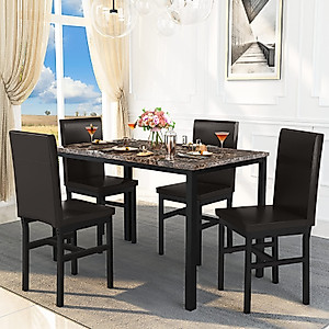 Recaceik Dining Table Set for 4, Kitchen Table and Chairs Set with Faux Marble Tabletop & 4 Leather Upholstered Chairs for Kitchen Dining Room, Compact Space, Dinette Set, Brown+Brown