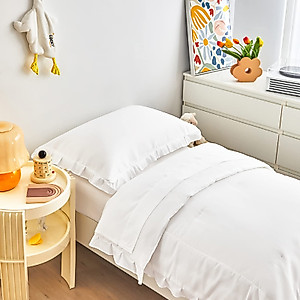 4 Pieces White Toddler Bedding Set with Ruffle Fringe, Solid Color Toddler Bed Set - 1 Toddler Comforter + 1 Fitted Sheet +1 Flat Sheet +1 Pillowcase for Baby Boys and Girls