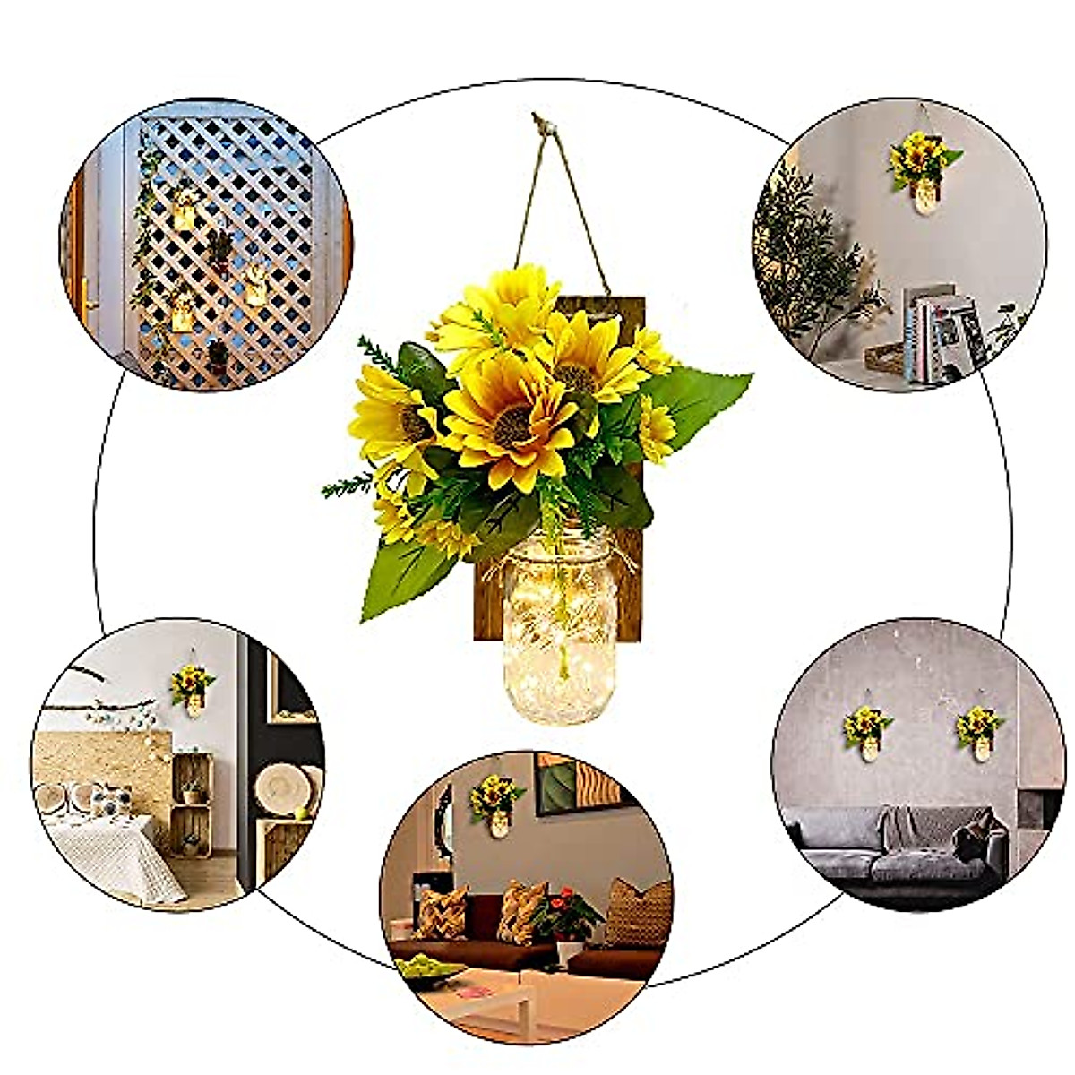 Mason Jar Sconces, Farmhouse Home Decor, Rustic Wall Sconces, LED Fairy Lights, Sunflower, Interior Decoration Warm Toned Lighting. (2 Pack)(with Remote Control)
