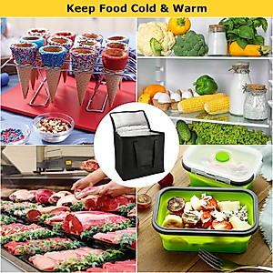 Acrux7 5 Pack Insulated Grocery Bags with Zipper, Reusable Food Delivery Bag, Medium Collapsible Leak-poof Insulated Bags, Food Warmer Bag, Insulated Shopping Bags for Hot & Cold, Groceries (Black)