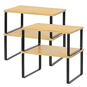 NEX Bamboo Kitchen Cabinet and Counter Shelf Organizer, Stackable & Expandable, Set of 4, Black and Natural