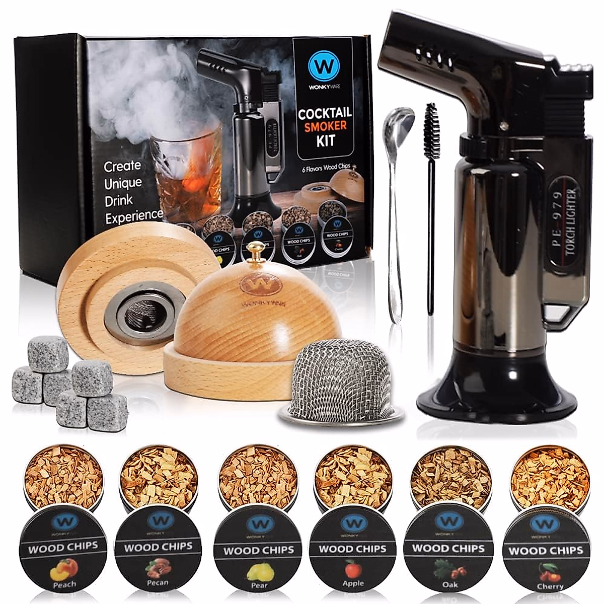 WONKYWARE Cocktail Smoker Kit with Torch Old Fashioned Drink Smoker kit with 6 Flavors Wood Chips for Bourbon Cocktail Smoker, Whiskey Smoker Infuser kit for Father, Husband, Friends (No Butane)