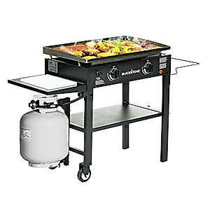 Blackstone 1853 Flat Top Gas Grill 2 Burner Propane Fuelled Rear Grease Management System 28” Outdoor Griddle Station for Camping with Built in Cutting Board and Garbage Holder, 28 Inch, Black