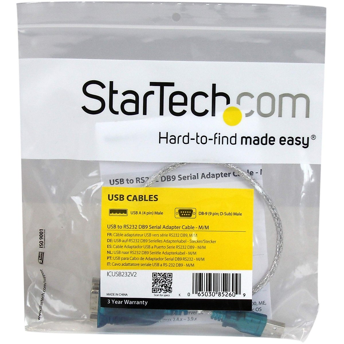 StarTech.com 17in (43cm) 1-Port USB to RS232 DB9 Serial Adapter Cable, USB to Serial Adapter Cable - M/M