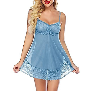 Avidlove Women V-Neck Lingerie Lace Babydoll Chemise Nightwear Outfits(Clear Blue, M)