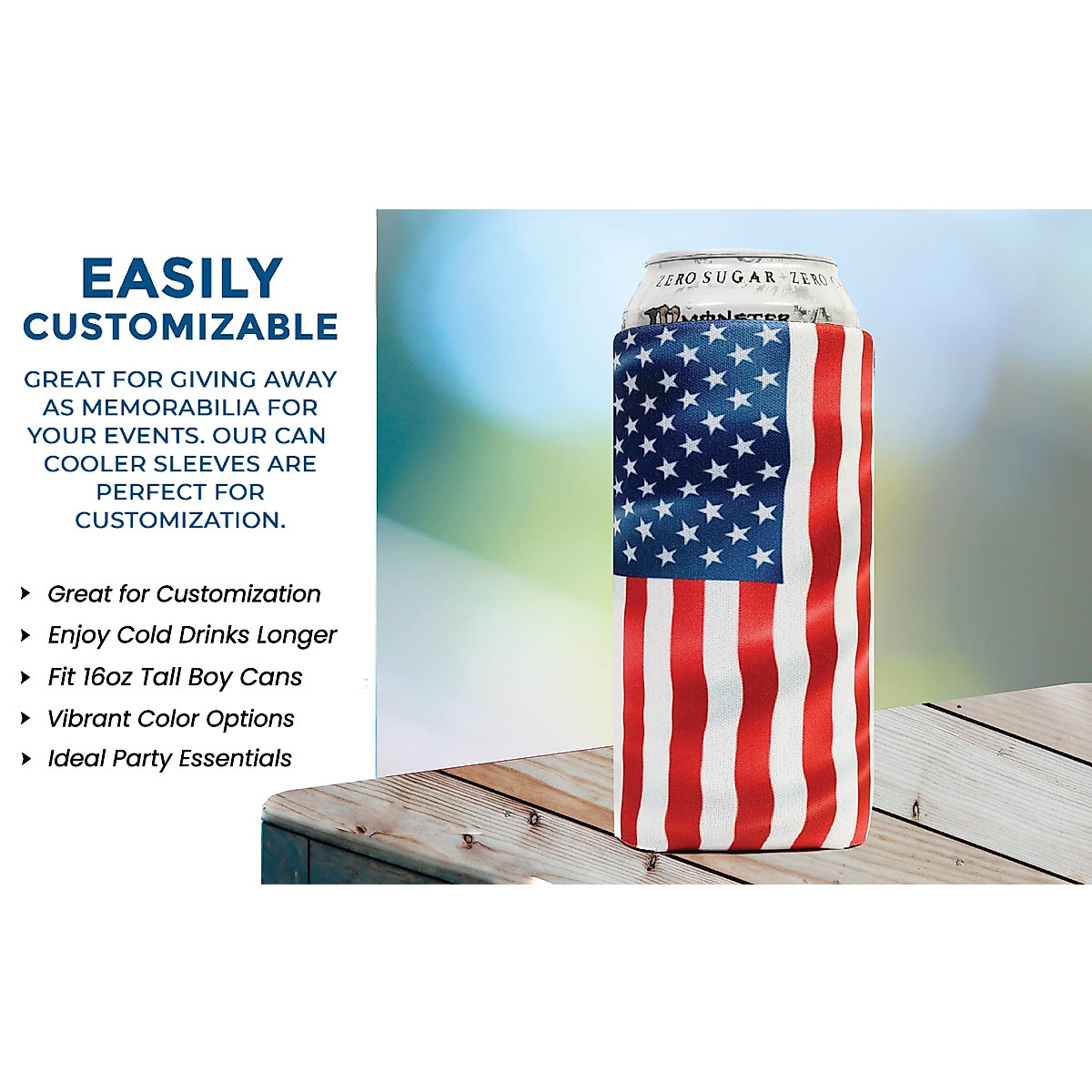 QualityPerfection Can Cooler Sleeves, 16 oz Neoprene Blank Beer Coolers (Pack of 6) Thick Fabric Tall Beer Collapsible Drink Coolies, Thermocoolers 16 ounce Tall Boy (Flag on the wind)