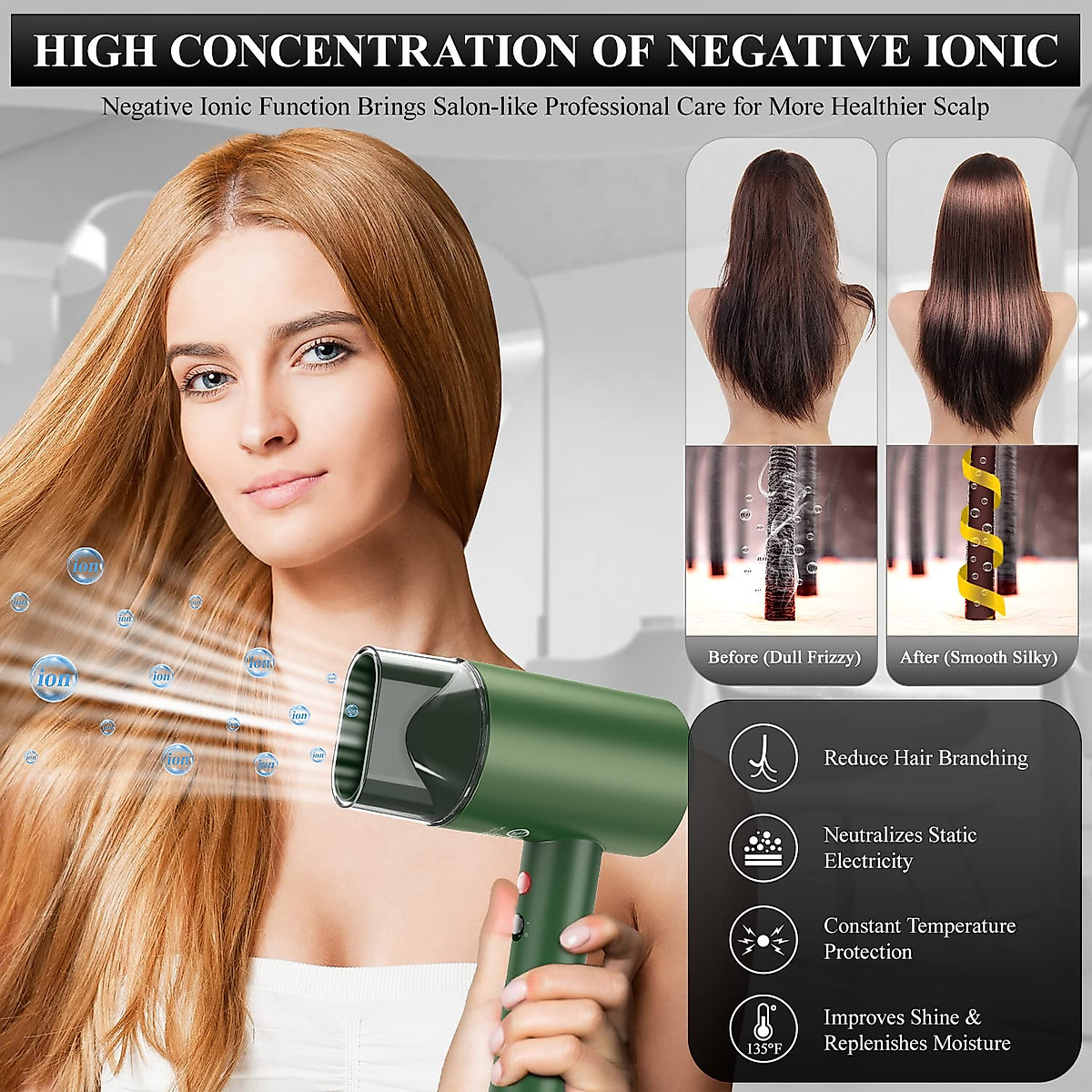 Ionic Hair Dryer, 1875W LED Smart Pro Salon Blow Dryer, Matte Metal Body Multi-Protection & Noise-Cancelling Hairdryer, Lightweight Constant Temp Negative Ions Hair Dryers, Green