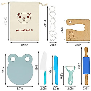 sinotron 13 PCS Toddler Knife, Kids Knifes for Real Cooking, Montessori Kitchen Tools for Toddlers, Kids Knife Set with Wooden Knife, Cutting Board, Cookie Cutters, Peeler, Rolling Pin (Bear)