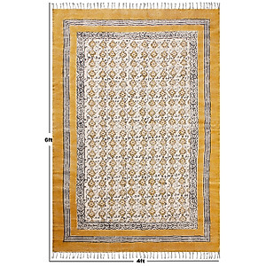 CASAVANI Collection Rectangular Rug - 5x7 Ft Musterd Yellow Cotton Dhurrie Floral Kilim Rug Indoor Outdoor Use Carpet Flatweave Rug High Traffic Area in Bedroom Dining Room Living Room